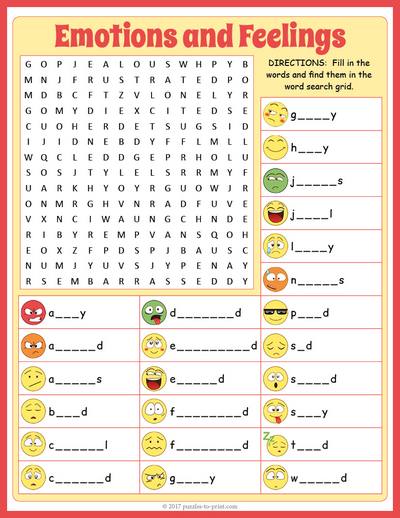 Feelings Word Search Word Search FEELINGS AND EMOTIONS With 11 Hidden